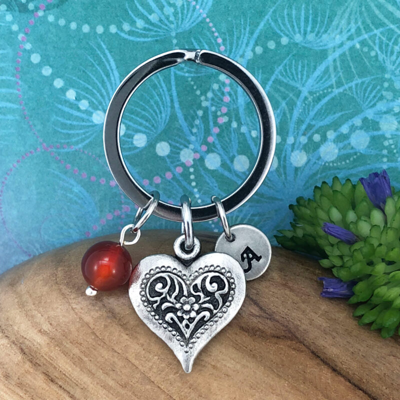 Heart Floral Design Keyring with Optional Personalised Initial Charm ...
