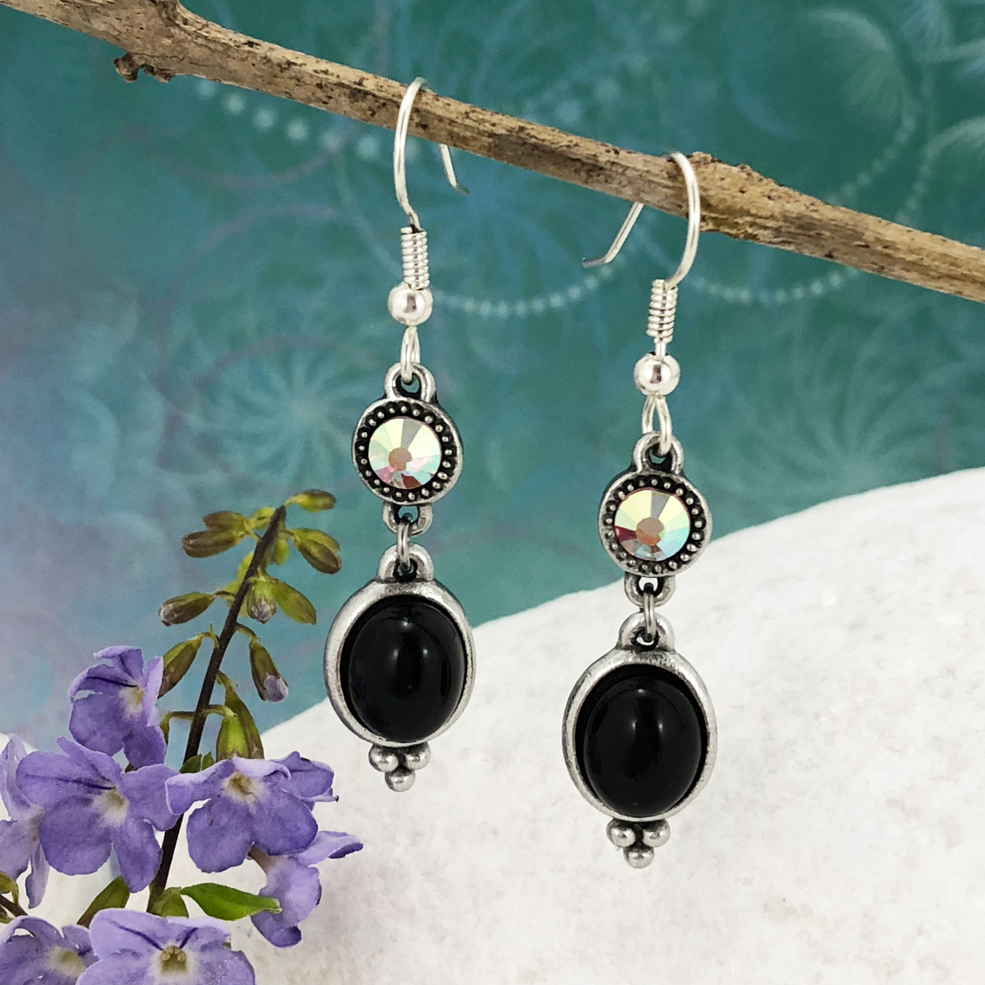 Black Onyx Oval Earrings, Swarovski Clear AB Crystal Premium Australian ...